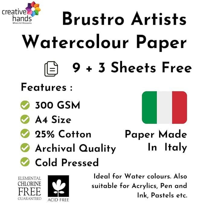 BRUSTRO Artists 25% Cotton Watercolour Paper| 300 GSM,Size A4, Cold ...